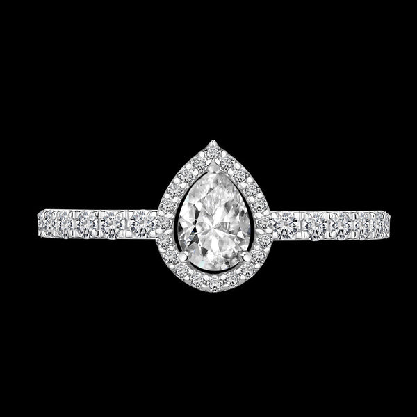 A solitaire ring elegantly adorned with a lustrous pear-shaped center ...